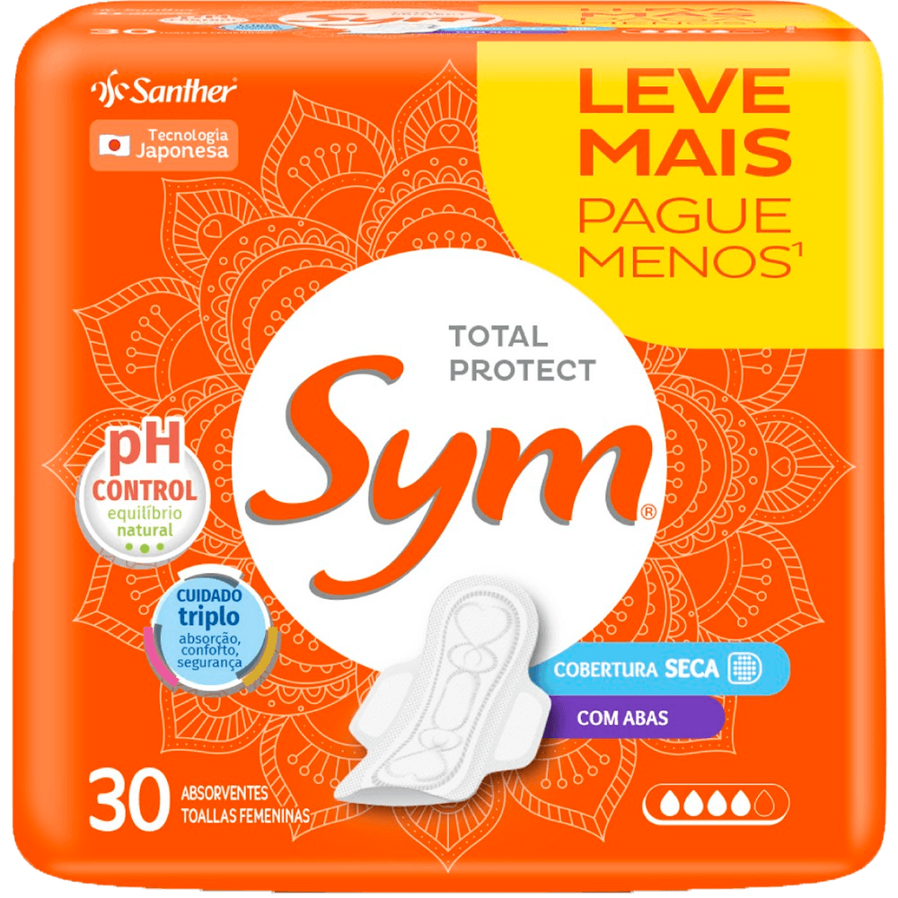 Absorvente Sym Cobertura Seca Com Abas 30 unidades