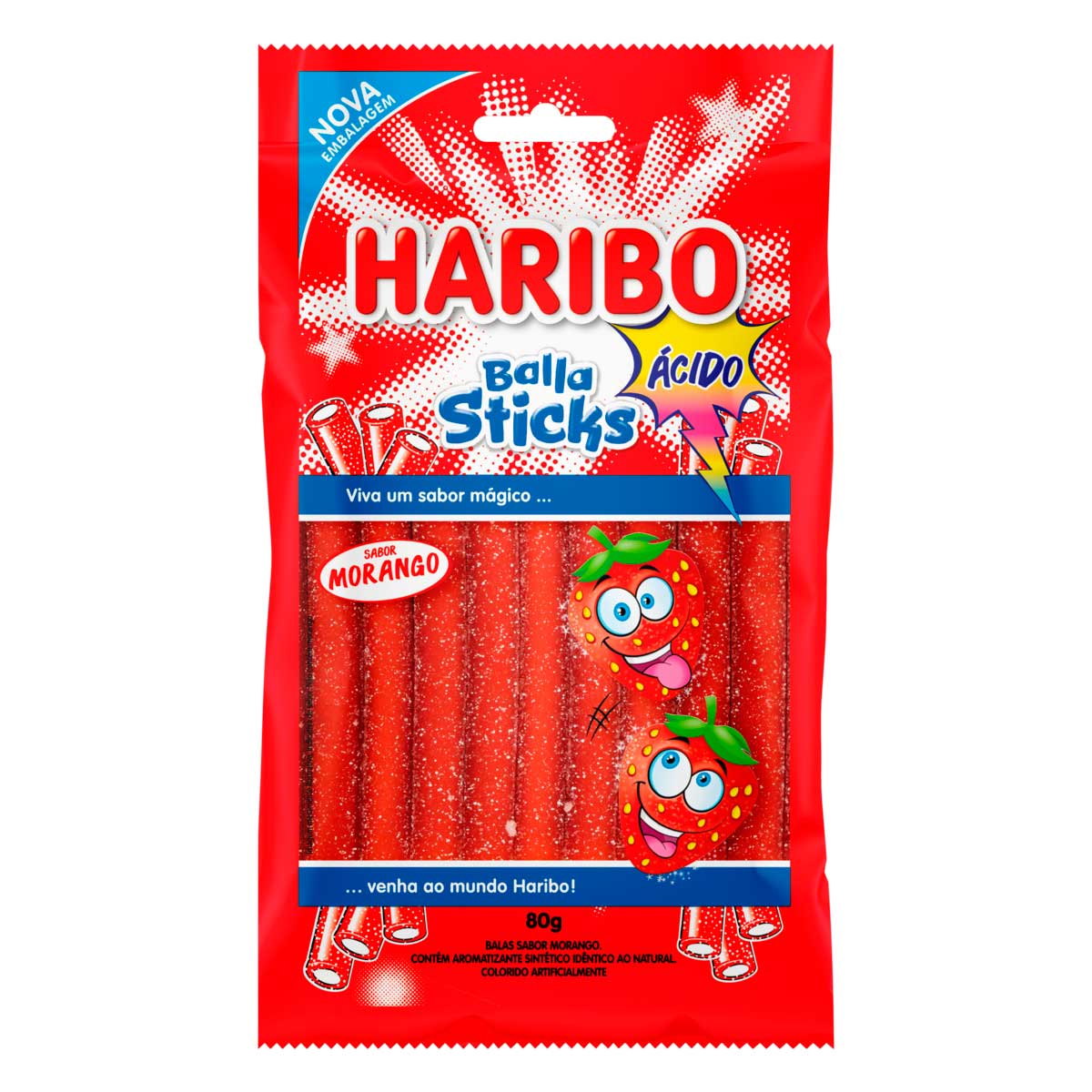 Bala Morango Ácido Haribo Balla Sticks Pacote 80g - Supernosso